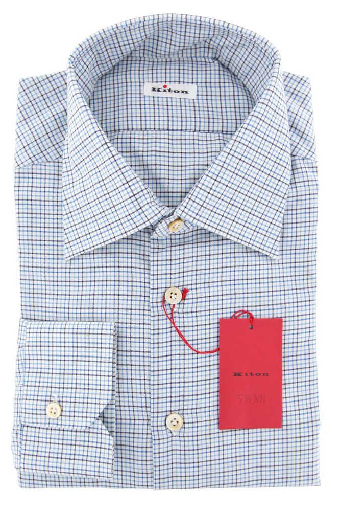 Kiton Light Blue Micro-Check Shirt - Slim - (KT1127179) | eBay